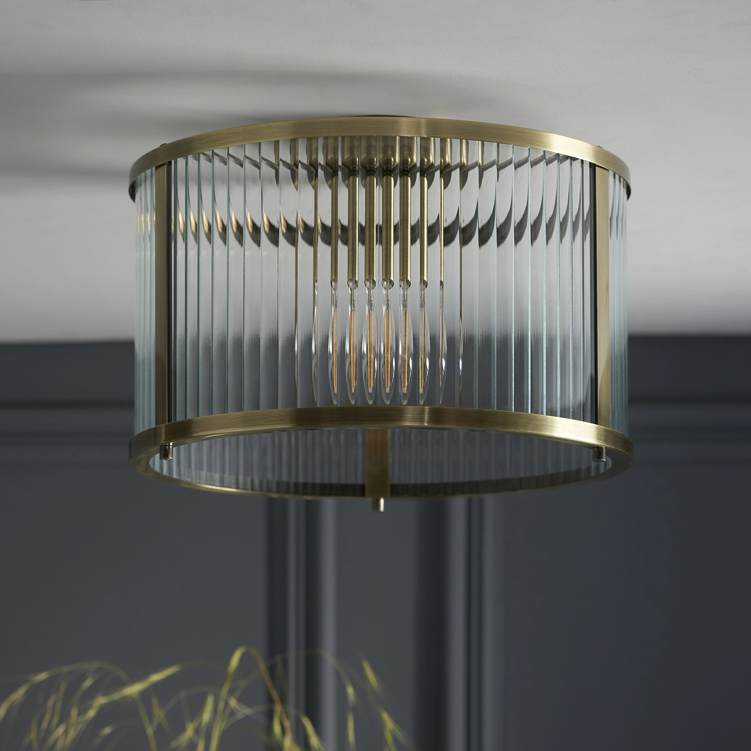RILEY | Flush Light | Antique Brass | Clear Ribbed Glass| National ...