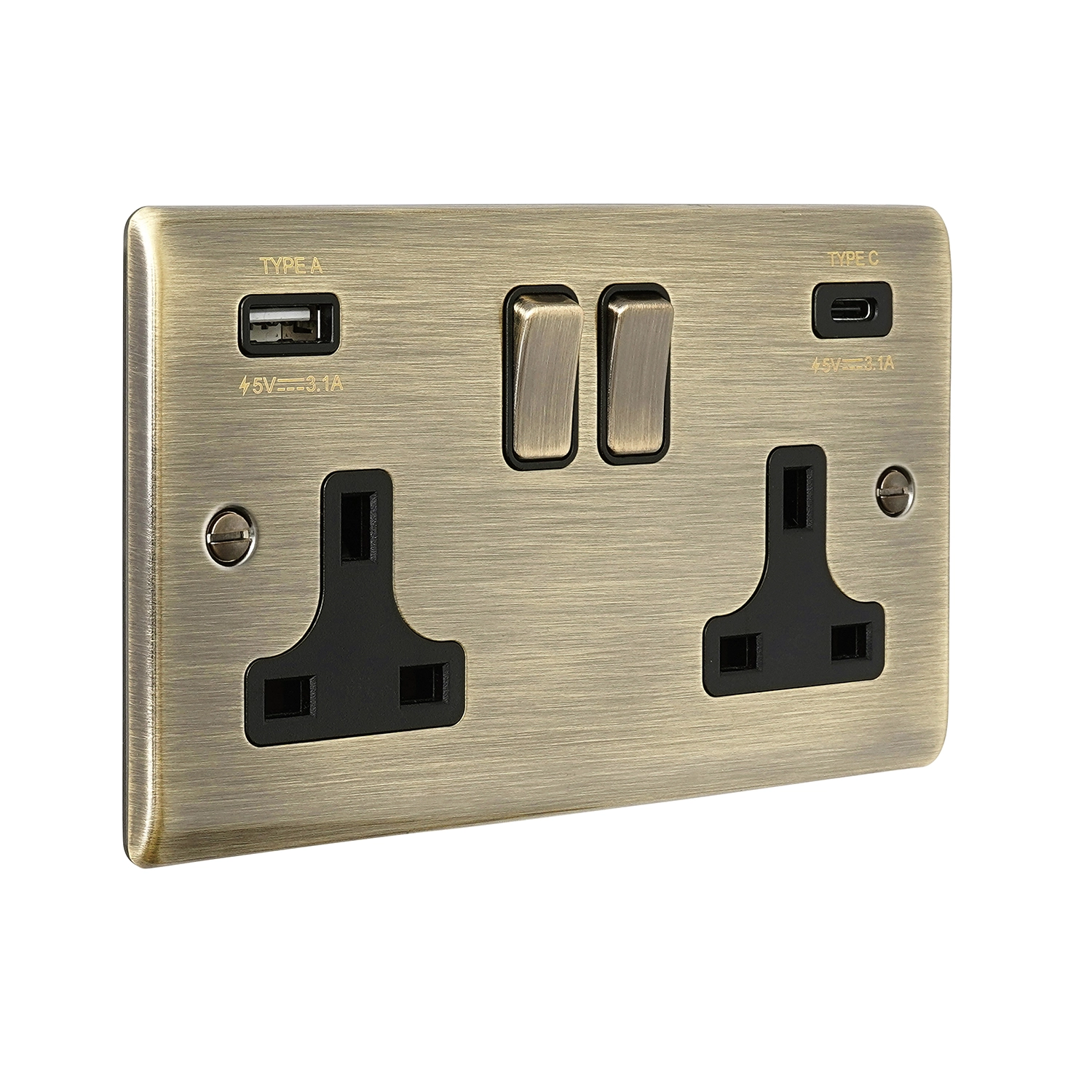 Raised Screwed 13A 2G Socket USB A+C - Antique Brass, Black | National ...