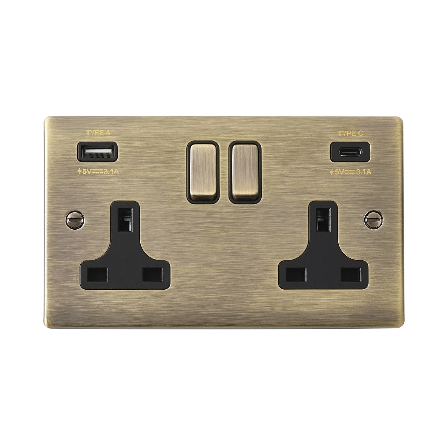 Raised Screwed 13A 2G Socket USB A+C - Antique Brass, Black | National ...