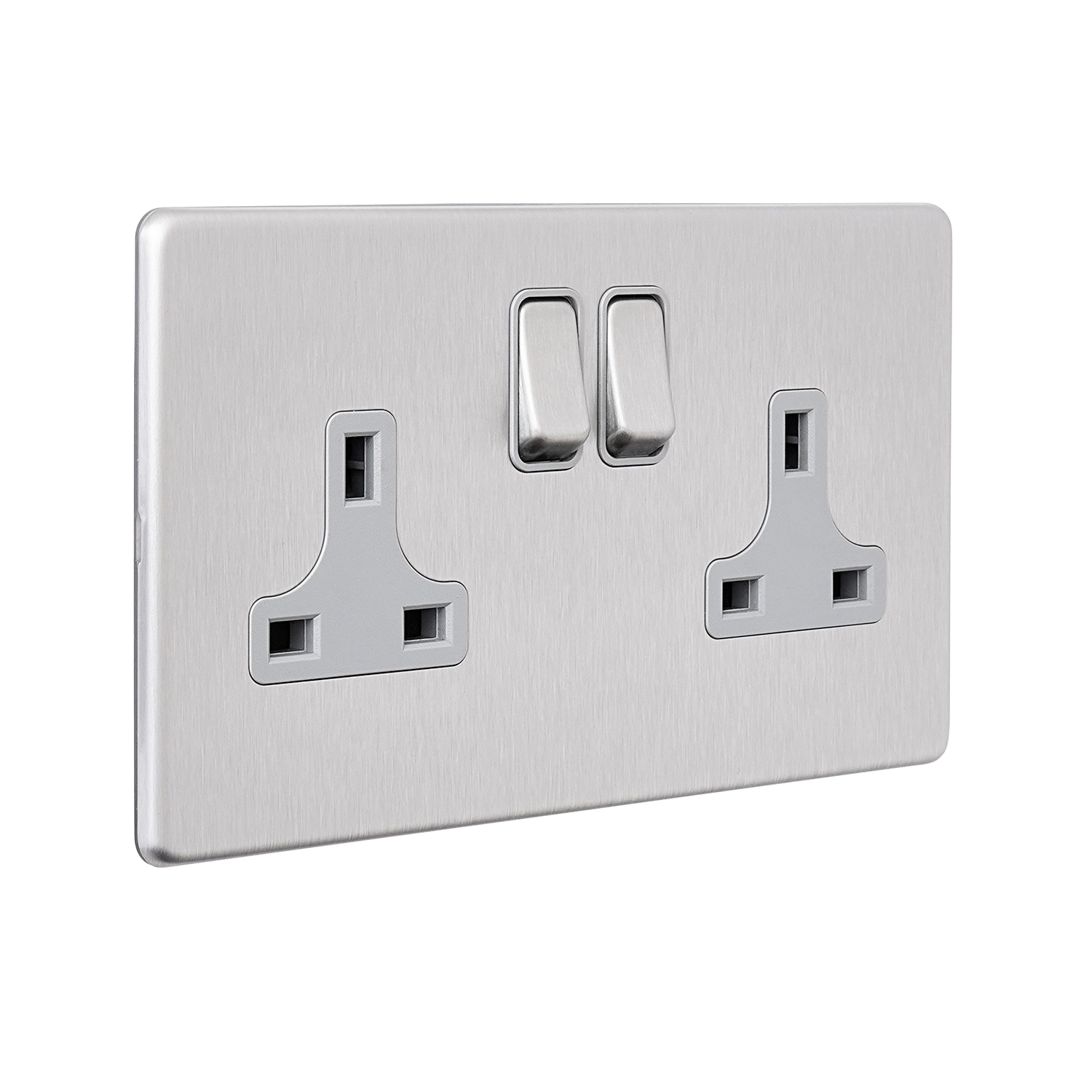 13A 2G Switched Socket - Brushed Steel, Grey Insert | National Lighting ...