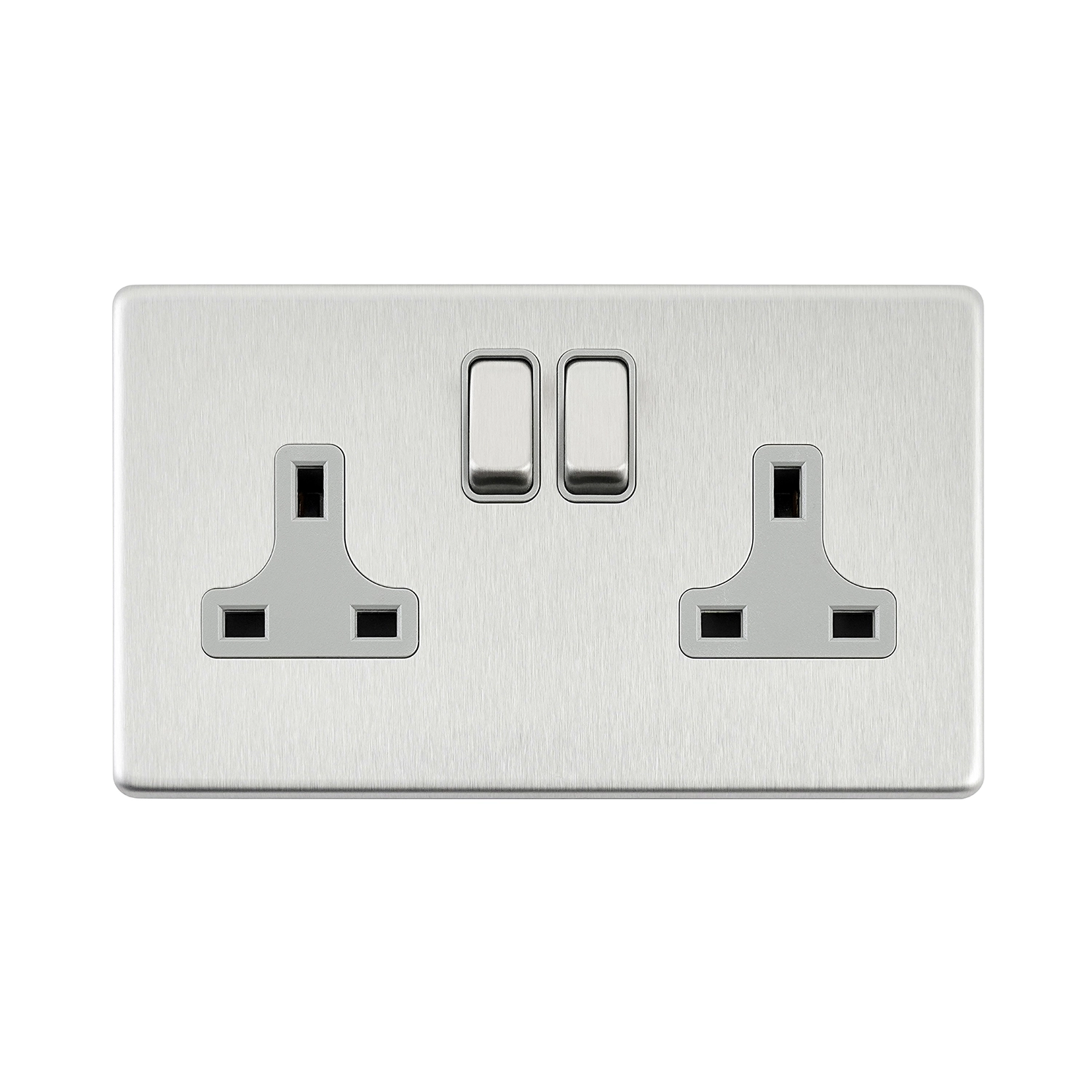 13A 2G Switched Socket - Brushed Steel, Grey Insert | National Lighting ...