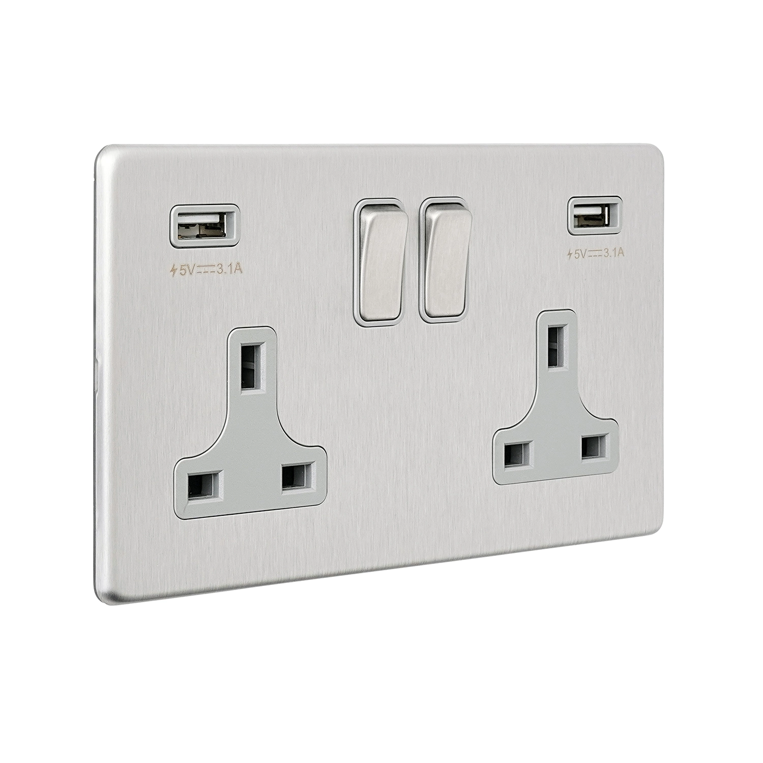 13A 2G Switched Socket with USB - Brushed Steel, Grey Insert | National ...