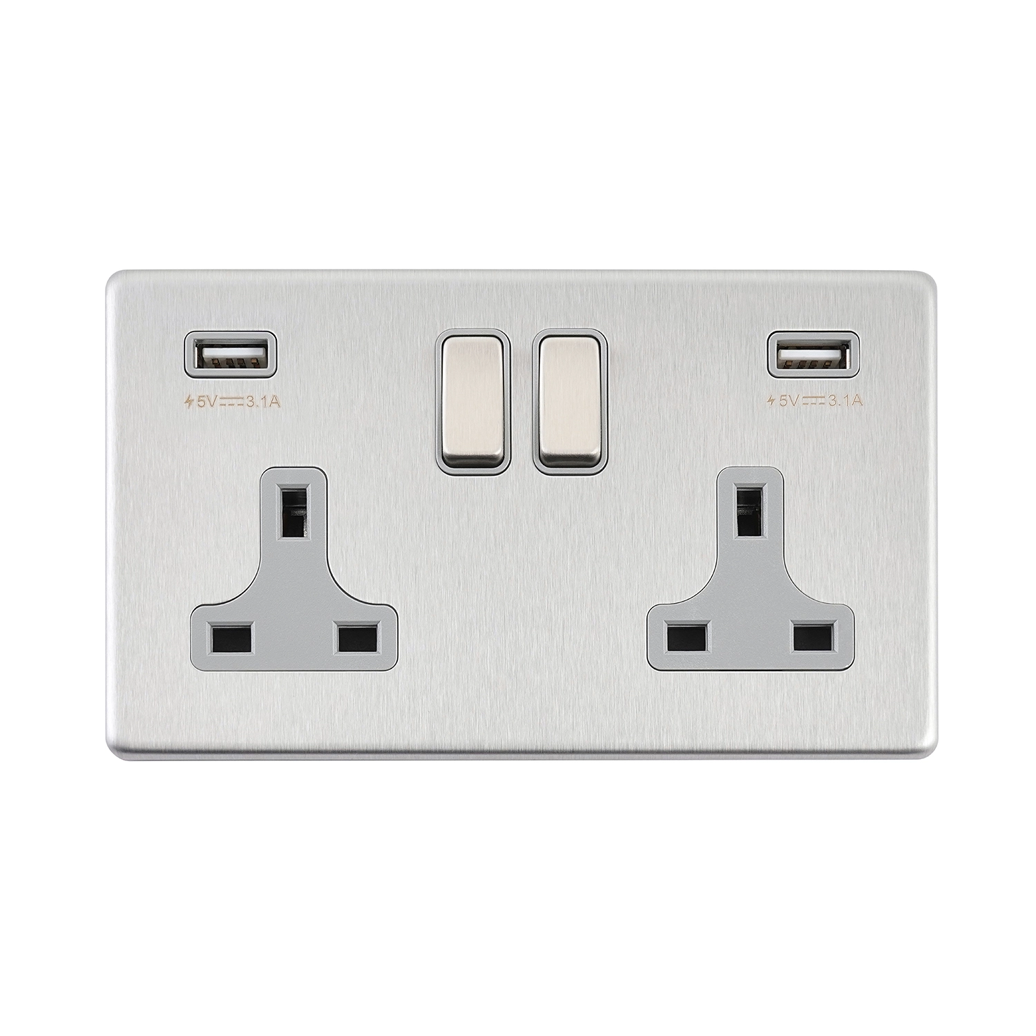 13A 2G Switched Socket with USB - Brushed Steel, Grey Insert | National ...